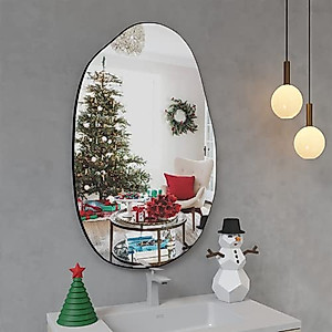 Manocorro Irregular Wall Mirror, Asymmetrical Mirro, Large Wall Mounted Black Framed Bathroom Mirror, Unique Vanity Mirror, Irregular Dressing Mirror for Bedroom Living Room Entryway, 33.5'' x 20.5''