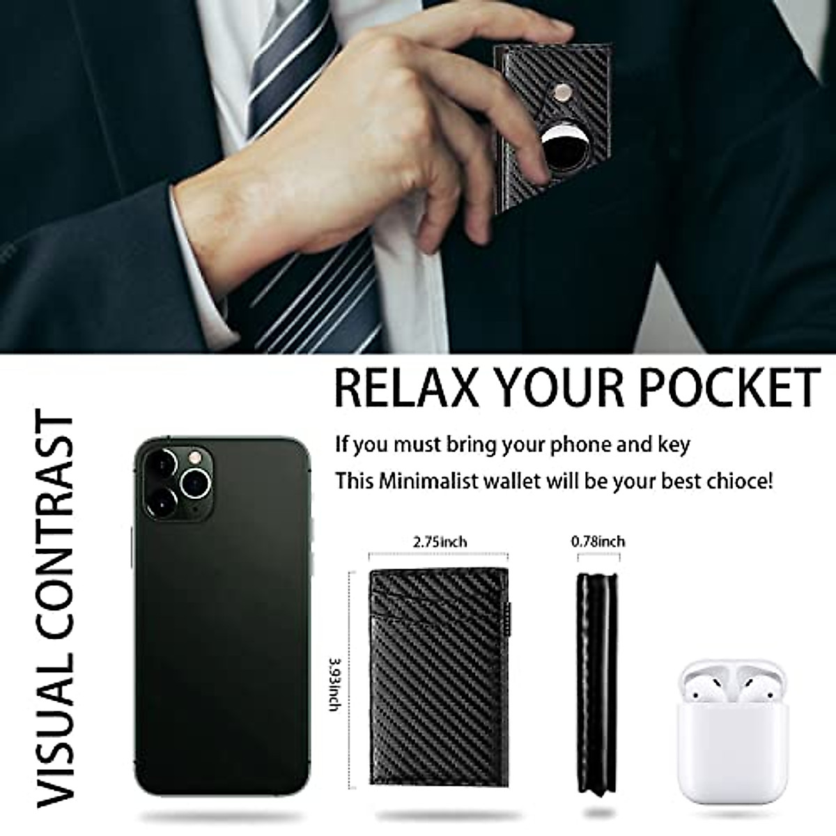 Pop Up Wallet Smart Wallet For Men,Stealth RFID Blocking Mens Credit Card Holder,Aluminum Trifold Leather Wallets With ID Window,Front Pocket Compact Wallet For Men And Women(Carbon Fiber Black)