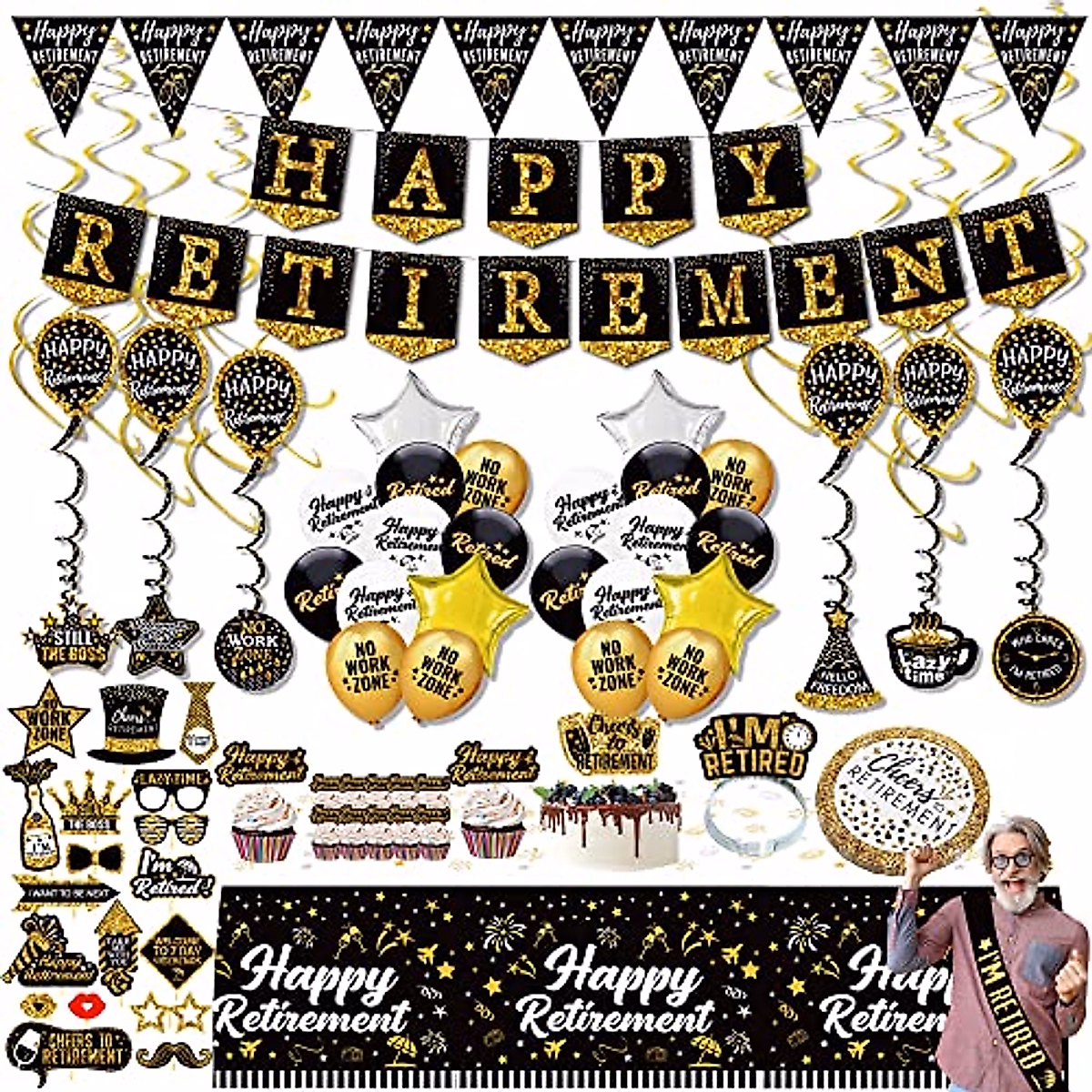Happy Retirement Party Decorations supplies - (80pack) black gold party Banner, Pennant, Hanging Swirl, retirement balloons, Tablecloths, cupcake Topper, Crown, plates, Photo Props, retired Sash