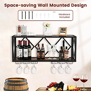 Giantex Industrial Wall Mounted Wine Rack, 39-Bottle Metal Wine Holder Wall with 12 Glass Holder, Hanging Wine Glass Rack Wall Mounted for Home Bar, Kitchen, Dining Room, Rustic Brown