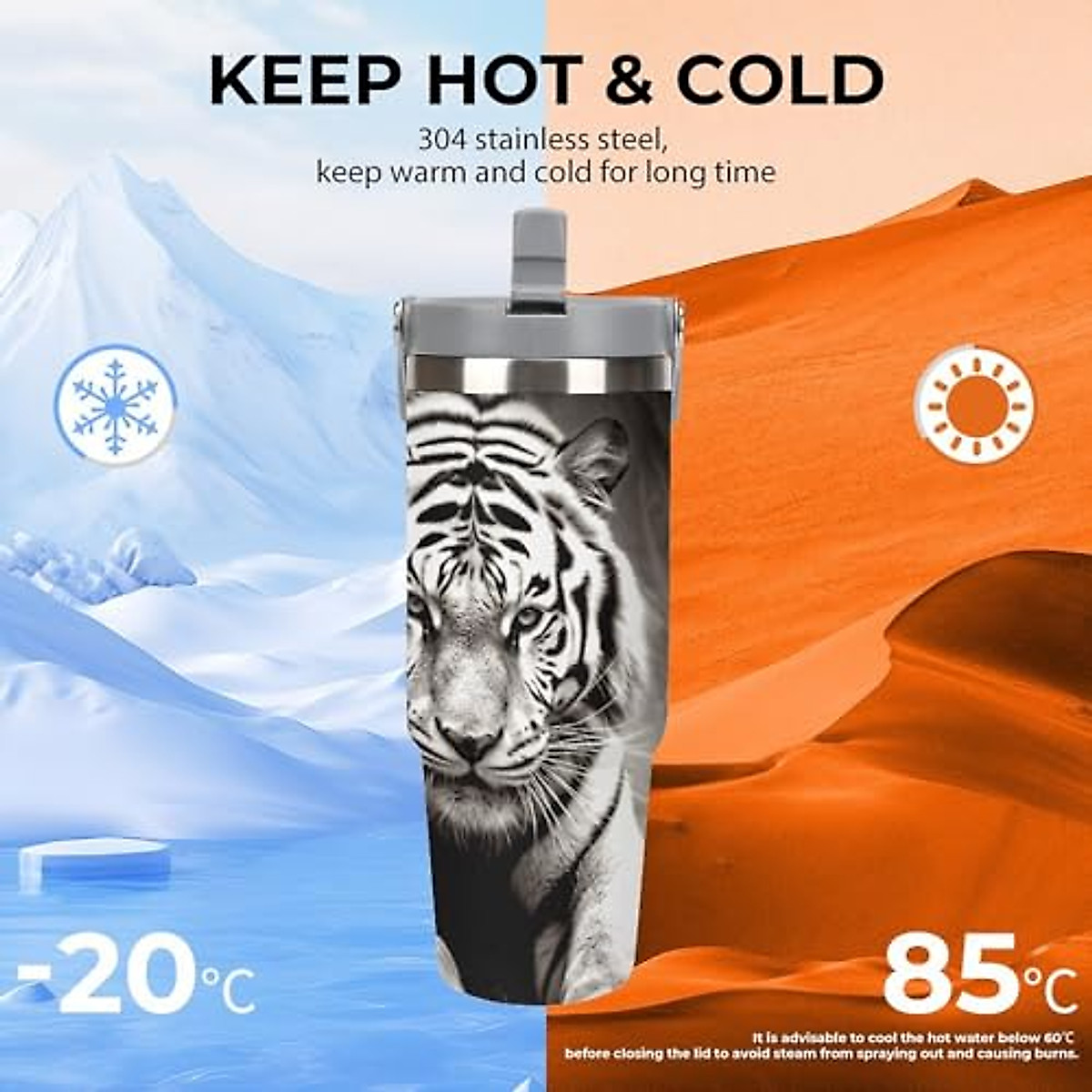 WITHSBKK 30oz Car Cup Black And White Tiger Printed with Portable, Stainless Steel Travel Mug, Vacuum Insulated Tumbler And Straw, Leakproof for Car & Outdoor, UV Printed Design