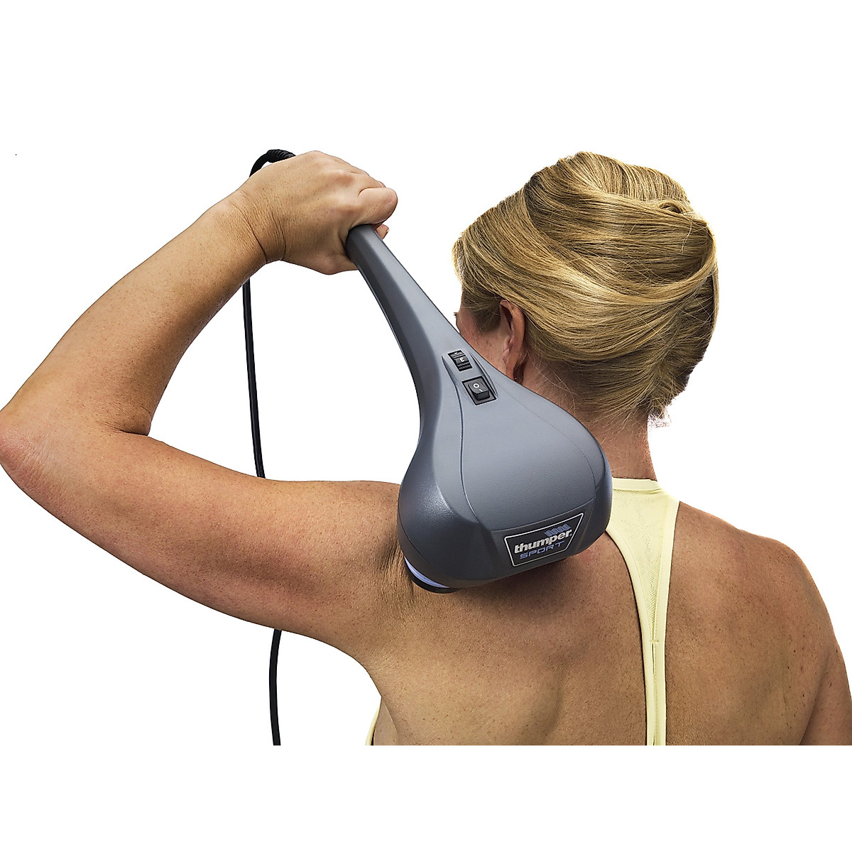 Thumper Sport Percussive Massager - Deep tissue home use massager for muscles, back, shoulders, legs, arms. Portable percussive therapy action electric handheld massager with long handle