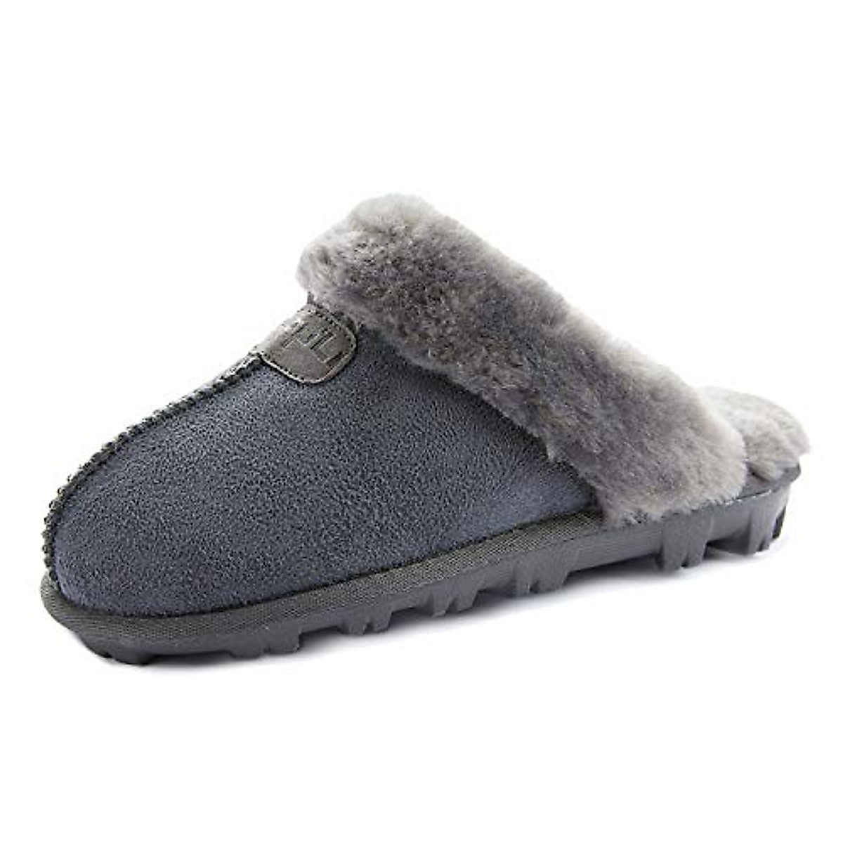 CLPP'LI Womens Slip on Faux Fur Warm Winter Mules Fluffy Suede Comfy Slippers-Grey-8