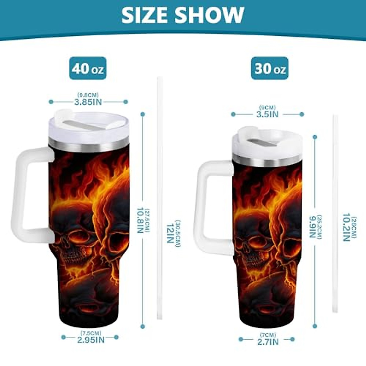 FLildon 40oz Tumbler with Handle and Straw Lid, Fire Skulls Insulated Coffee Mug Stainless Steel Water Bottle Leakproof Vacuum Travel Coffee Cup