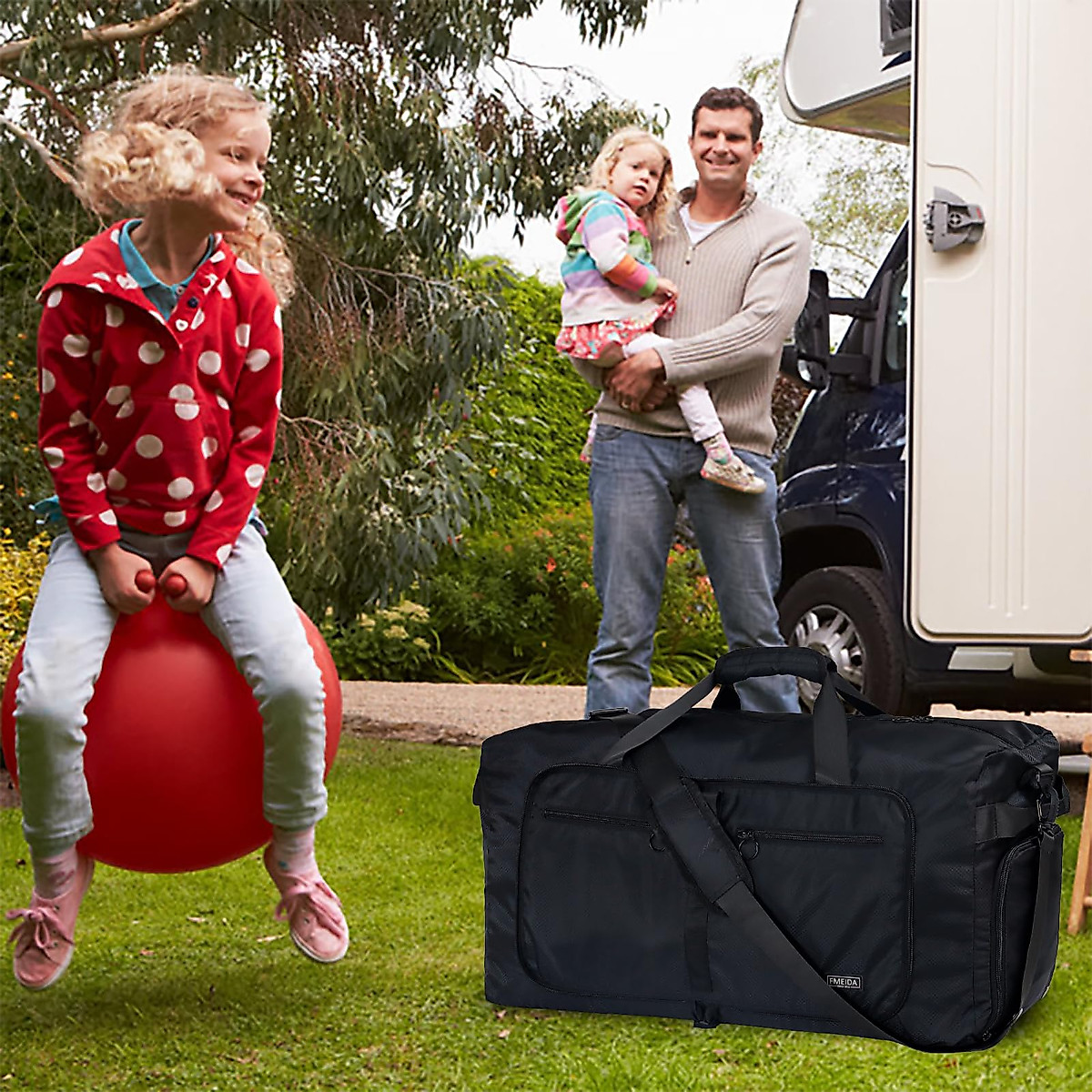 Fmeida 65L Duffle Bag with Shoes Compartment, Foldable Travel Duffel Bags for Men Women, Large Packable Travel Bag Water-Repellent & Tear-Resistant (Black)