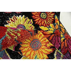 Unique Loom Lyon Collection Colorful Modern Floral Garden Area Rug, 2 x 6 ft, Black/Yellow
