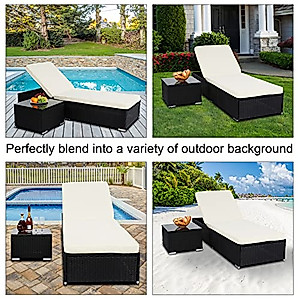 Volowoo Wicker Chaise Patio Lounge Chair, 2 Pieces Patio Chaise Lounge Chair Sets, Outdoor Beach Pool PE Rattan Reclining Chair with Table and Cushion