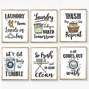 Funny Laundry Rules Sign Painting, Creative Laundry Saying Art Prints (8”X10”,Unframed), 6 Set, Funny Modern Minimalist Wall Art Poster For Laundromat Wash Room Decor