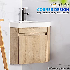 eclife 22" Corner Bathroom Vanity Sink Combo for Small Space Wall Mounted Floating Cabinet with White Resin Sink and Matte Black Faucet, Oak