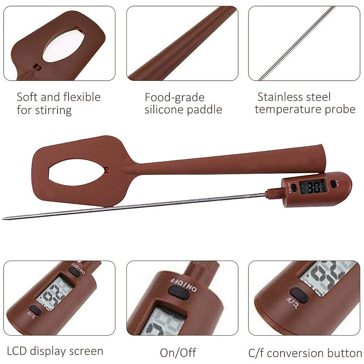 UECOOL Digital Spatula Thermometer, with Fast Read Digital Professional Durable Canning Thermometer for Precise Control of Candy, Jelly and Food Temperature (Brown)