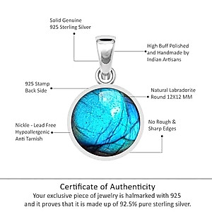 JEWELOPORIUM 925 Sterling Silver Pendant for Women Gray Real Labradorite Gemstone Solitaire Silver Pendant Necklace Anniversary - Gift Costume Jewelry