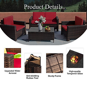 Homall 4 Pieces Outdoor Patio Furniture Sets Rattan Chair Wicker Conversation Sofa Set, Outdoor Indoor Backyard Porch Garden Poolside Balcony Use Furniture (Red)