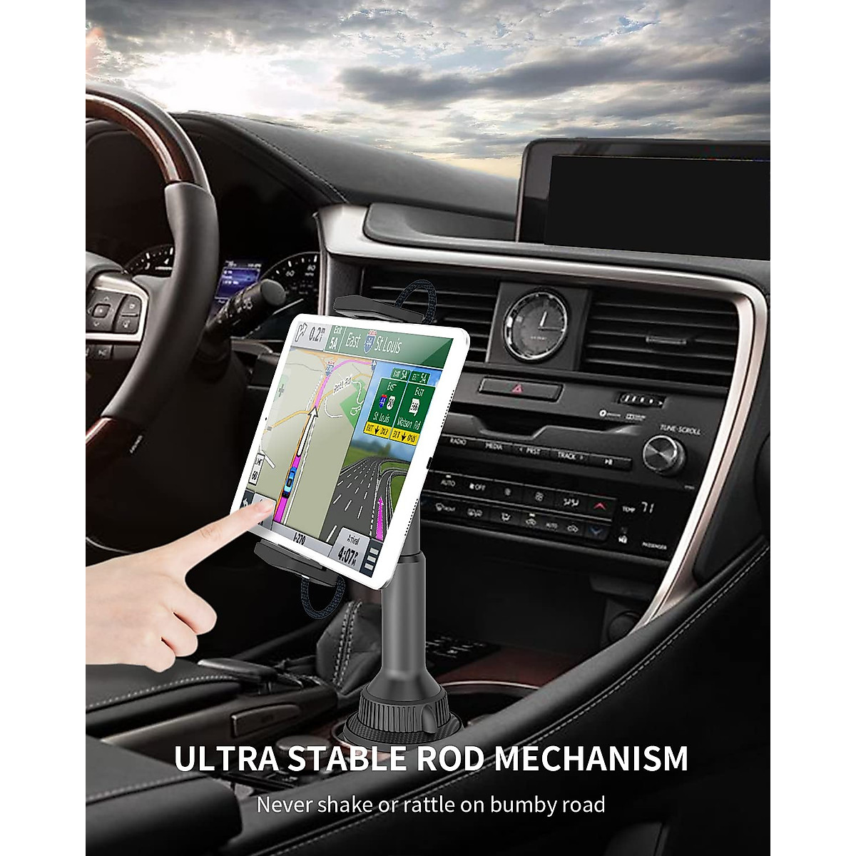 APPS2Car Solid Cup Holder Tablet Mount for Car, Adjustable Height iPad Car Mount for Truck Low Profile Road Trip Essentials Compatible with 4.7-13" iPad Pro Air Mini, Fire, iPhone, Cell Phone - Black