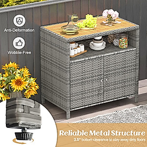 Tangkula Rattan Storage Cabinet, Outdoor Patiojoy Buffet Cabinet with Acacia Wood Countertop, Open Compartment & Enclosed Cabinet, 2-Door Wicker Sideboard, Storage Organizer for Poolside (Mix Grey)