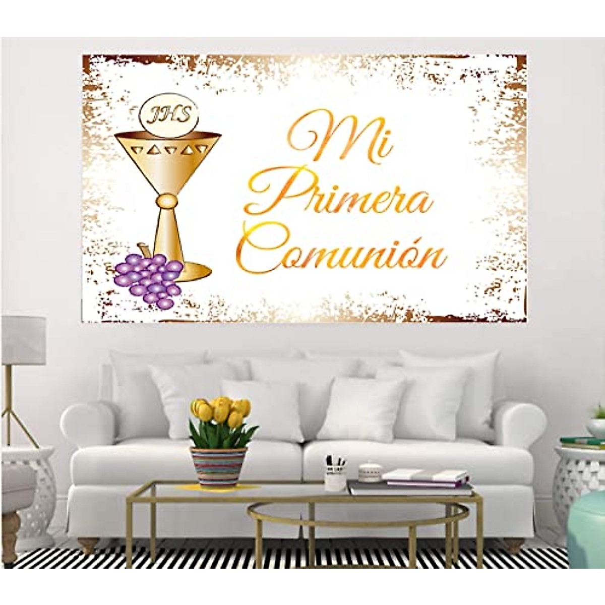 Holy Communion Party Backdrop Photograph Mi Primera Comunion Purple Grapes Background God Bless Decor Prop Photozone Photo Studio Banner Vinyl (7ft×5ft)