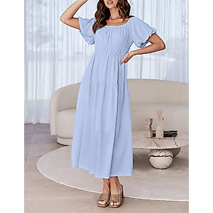 ZESICA Women's Sexy Boho Off Shoulder Puff Short Sleeve High Waist Ruffled Flowy A Line Beach Party Midi Dress,Blue,Medium