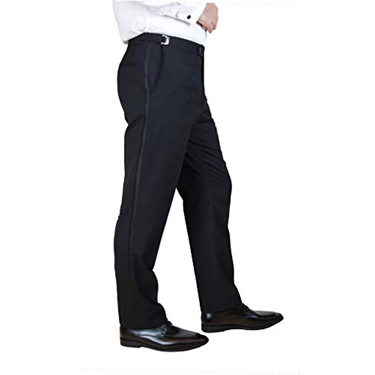 Sir Gregory Men's Fitted Flat Front Tuxedo Pants Formal Satin Stripe Trousers with Adjustable Waistband Size 30-32 Waist x 30 Length Black