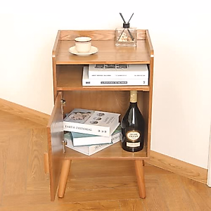 AWASEN Mid Century Modern Nightstand, Rattan Nightstand with 2-Tier Shelf and Door, Bedside Table with Storage for Small Spaces, Bedroom,Living Room, Easy Assembly, Brown Walnut