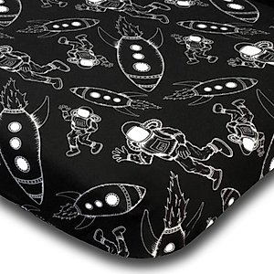 Jaxson's World Outer Space Fitted Crib Sheet, Extra Soft 100% Jersey Knit Cotton, Breathable, Baby and Toddler Sheet - Rocketship and Astronaut