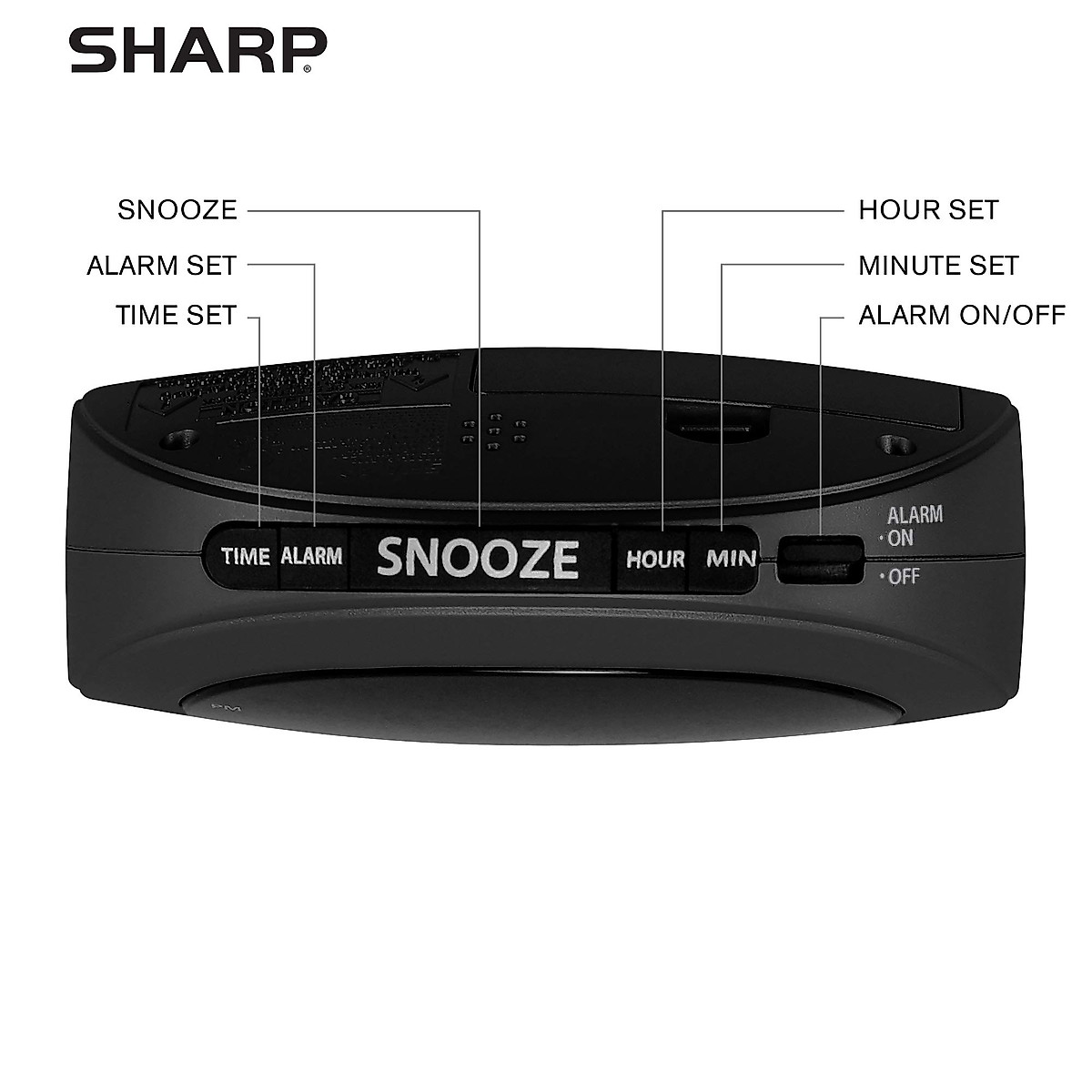 SHARP Small Digital Alarm Clock with Snooze and Battery Backup, Easy to Use Top Button Controls for Simple Use, Black Case with Red Easy to Read LED Display