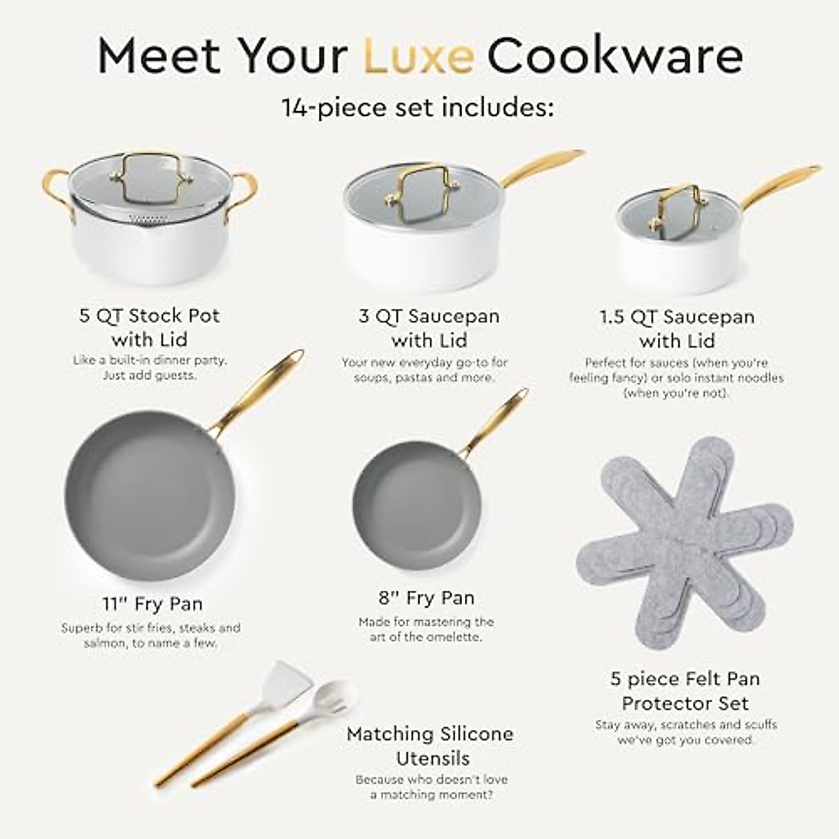 White and Gold Pots and Pans 15 PC Set - Premium Heavy Gauge Nonstick, Non Toxic, PFOA Free, Oven and Dishwasher Safe, Induction Compatible Cookware Set - Gold Kitchen Accessories