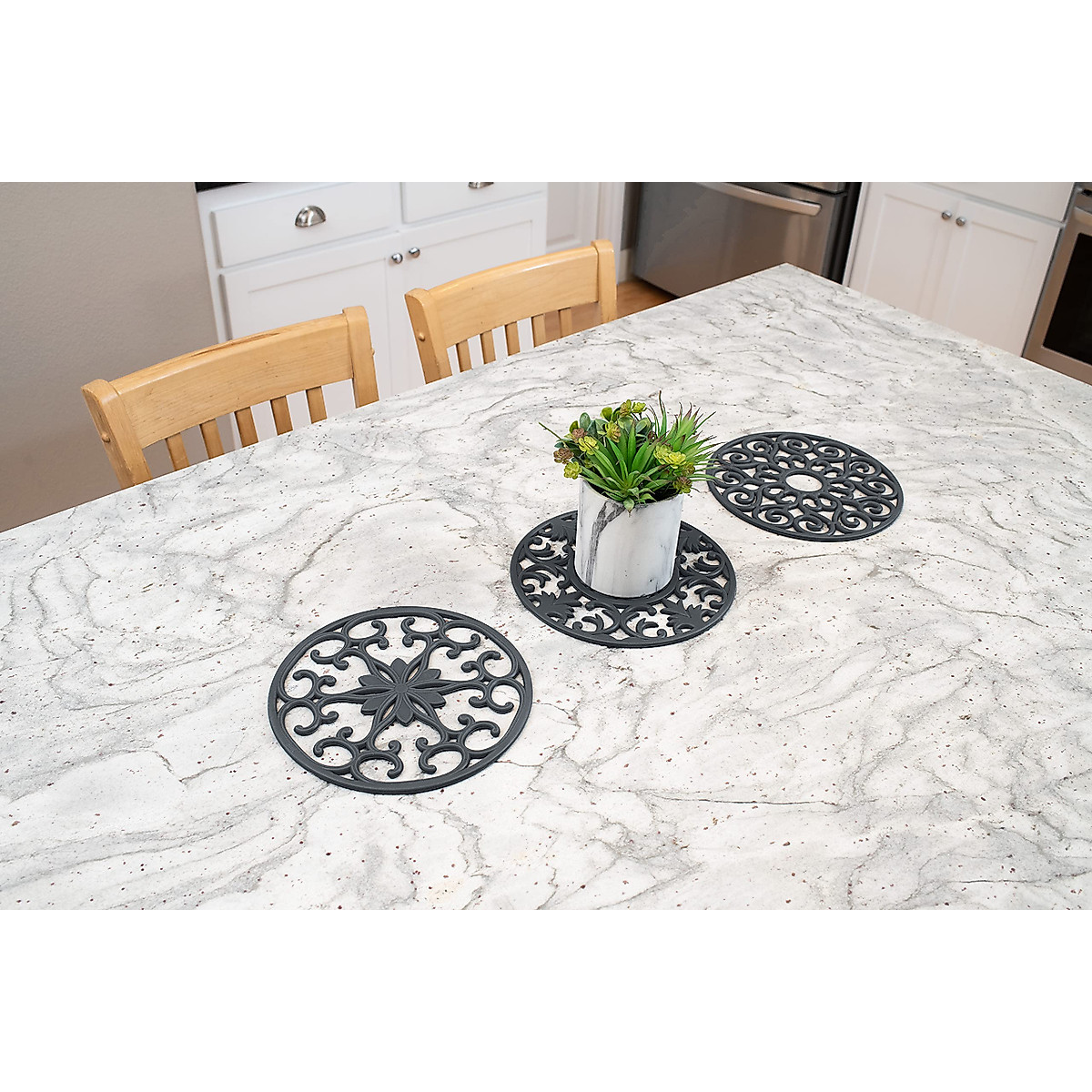 gasaré, Extra Large, Extra Thick, 10" Silicone Trivets for Hot Dishes, Pots, and Pans, Heat Resistant, Nonslip, Dishwasher Safe, for Countertops and Dining Tables, 10 x 1/4 Inches, Set of 3, Gray