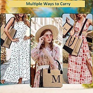 TOPEAST Jute Tote Bags with Zipper Pocket, Initial Embroidery Cosmetic Bag Womens Beach Bag with Adjustable Strap, Birthday Gifts for Girl Sister, Reusable Grocery Bags for Weekend Trips Yoga Letter E