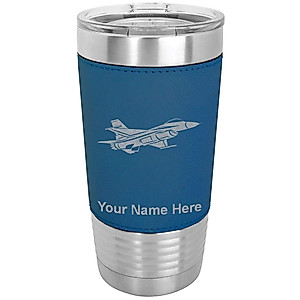 LaserGram 20oz Vacuum Insulated Tumbler Mug, Fighter Jet 1, Personalized Engraving Included (Faux Leather, Blue)