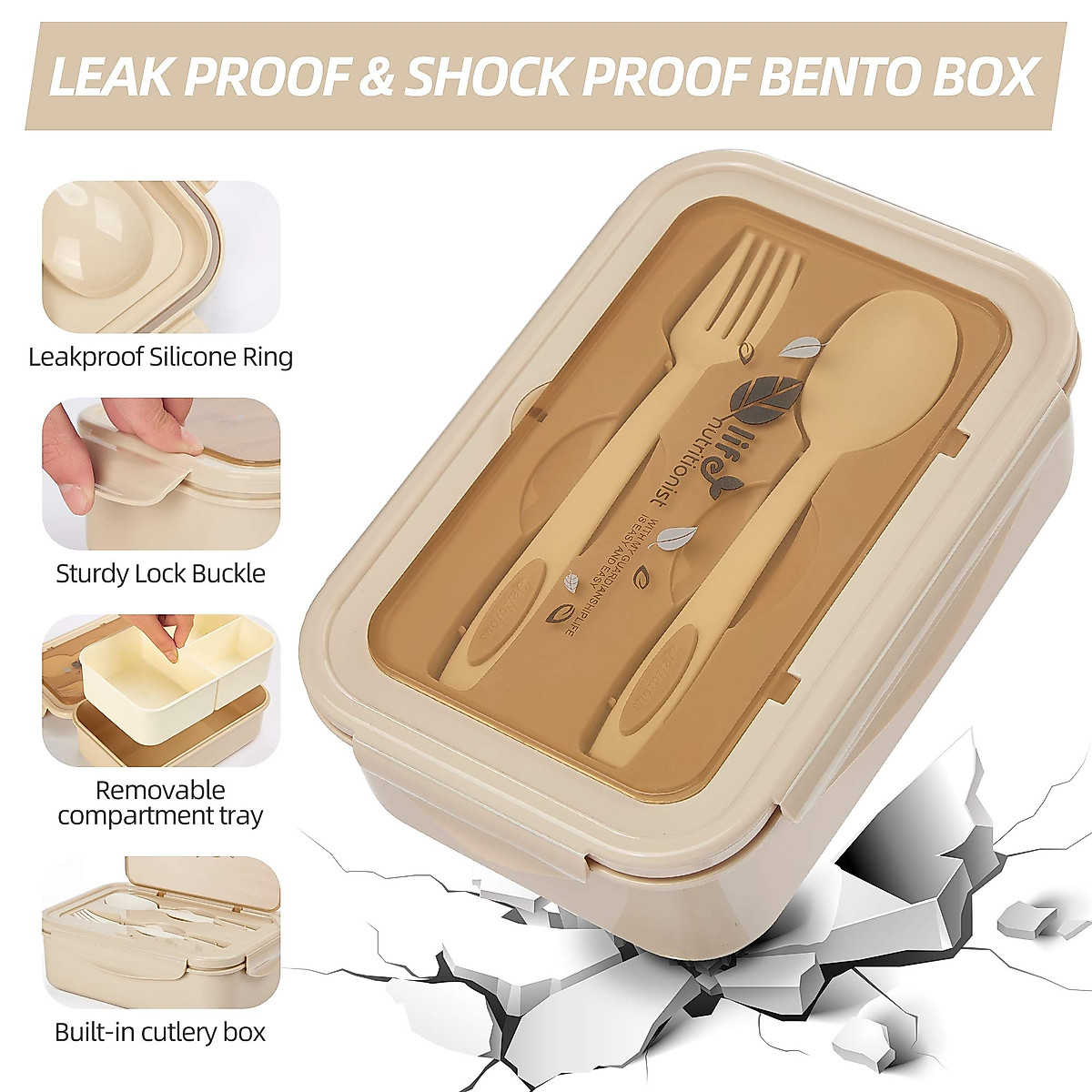 Porzu Bento Lunch Box, 1400 ML Lunch Box Meal Prep For Adults，3 Compartments Portable Food Container with Utensil (Beige)