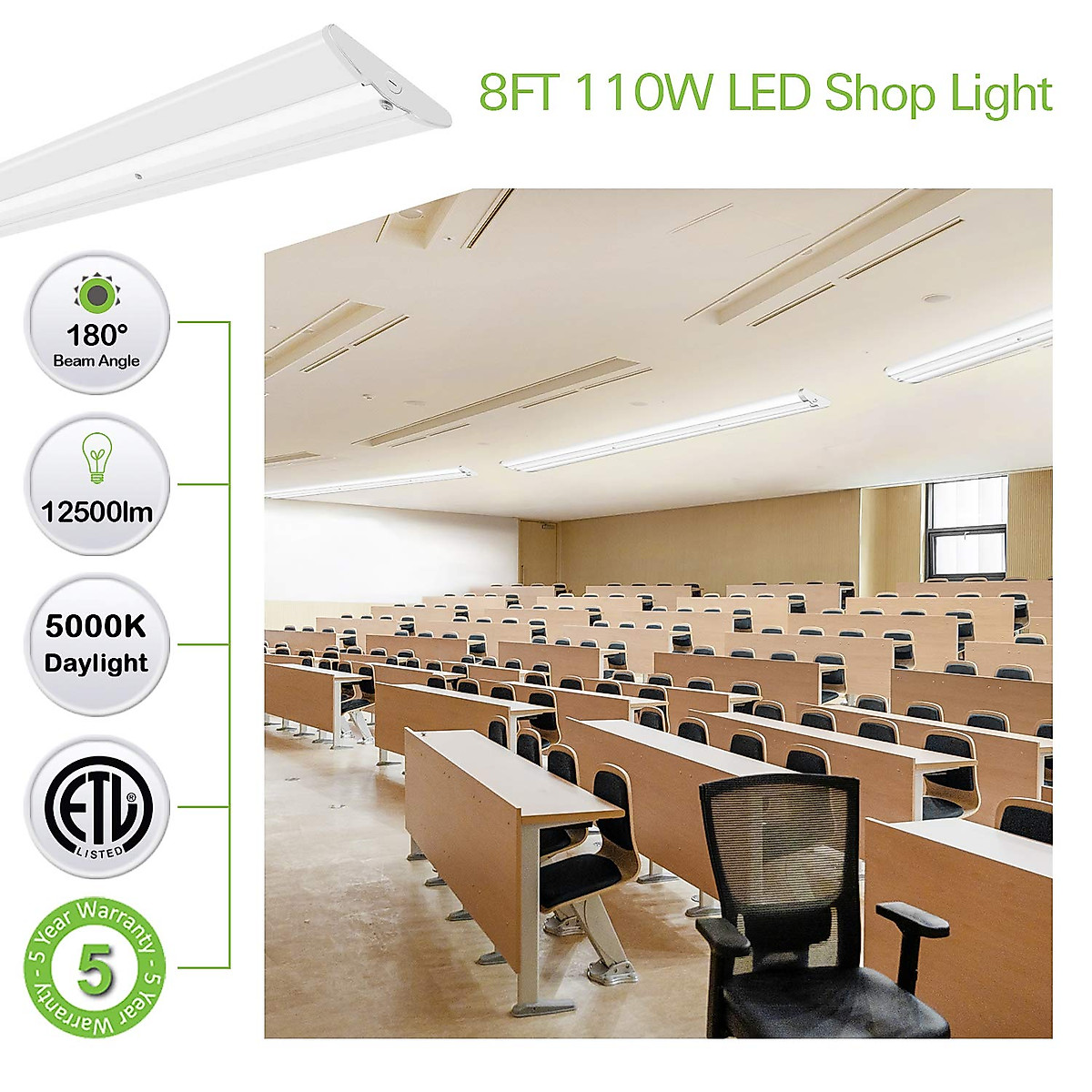 AUCHOIS 110W 8FT LED Shop Lights Ultra Slim LED Wraparound, 12600lm 5000K LED Strip Lights, 8 Foot Flush Mount Warehouse Garage Office Ceiling Light Fixture, Fluorescent Tube Replacement, ETL, 2 Pack