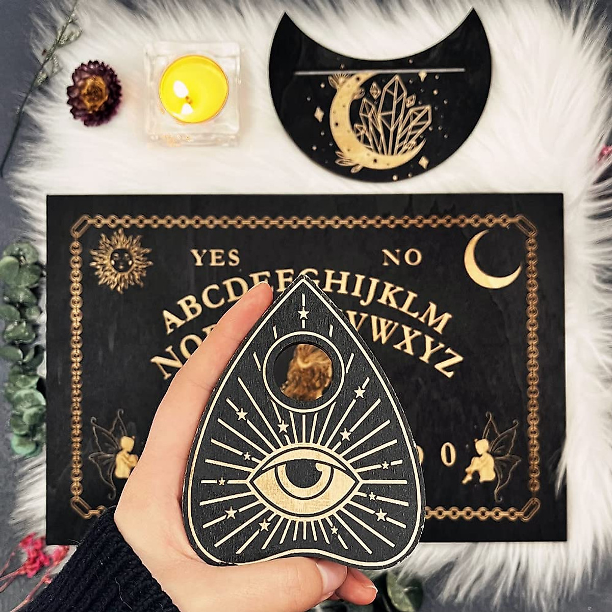 OKDOKEY Black Spirit Board & Tarot Card Stand Kit(3PC) | Black Wooden Laser Engraved Spirit Board | Unique Metaphysical Spirit Game | Talking Board | Seance |Witch Personalized Gift—Classic Series