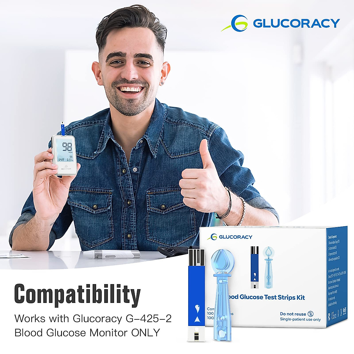 Glucoracy G-425-2 Blood Glucose Test Strips, 100 Counts Test Strips for Diabetes + 100 Counts Blood Lancets, Only for Glucoracy G-425-2 Meter Kit