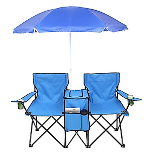 Outvita Folding Double Chair w/Umbrella Beverage Holder Carrying Bag Cooler Fold Up Table, Large Bearing Capacity for Beach Patio Pool Park Outdoor Blue
