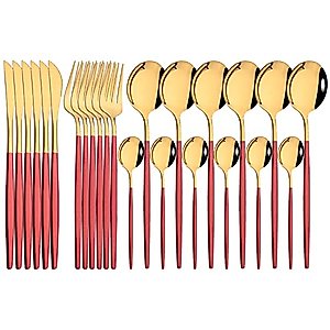 Uk_18_knife 24Pcs Rainbow Flatware Set Dinnerware Cutlery Set Stainless Steel Restaurant Silverware Tableware Steak (Color : Red Gold)