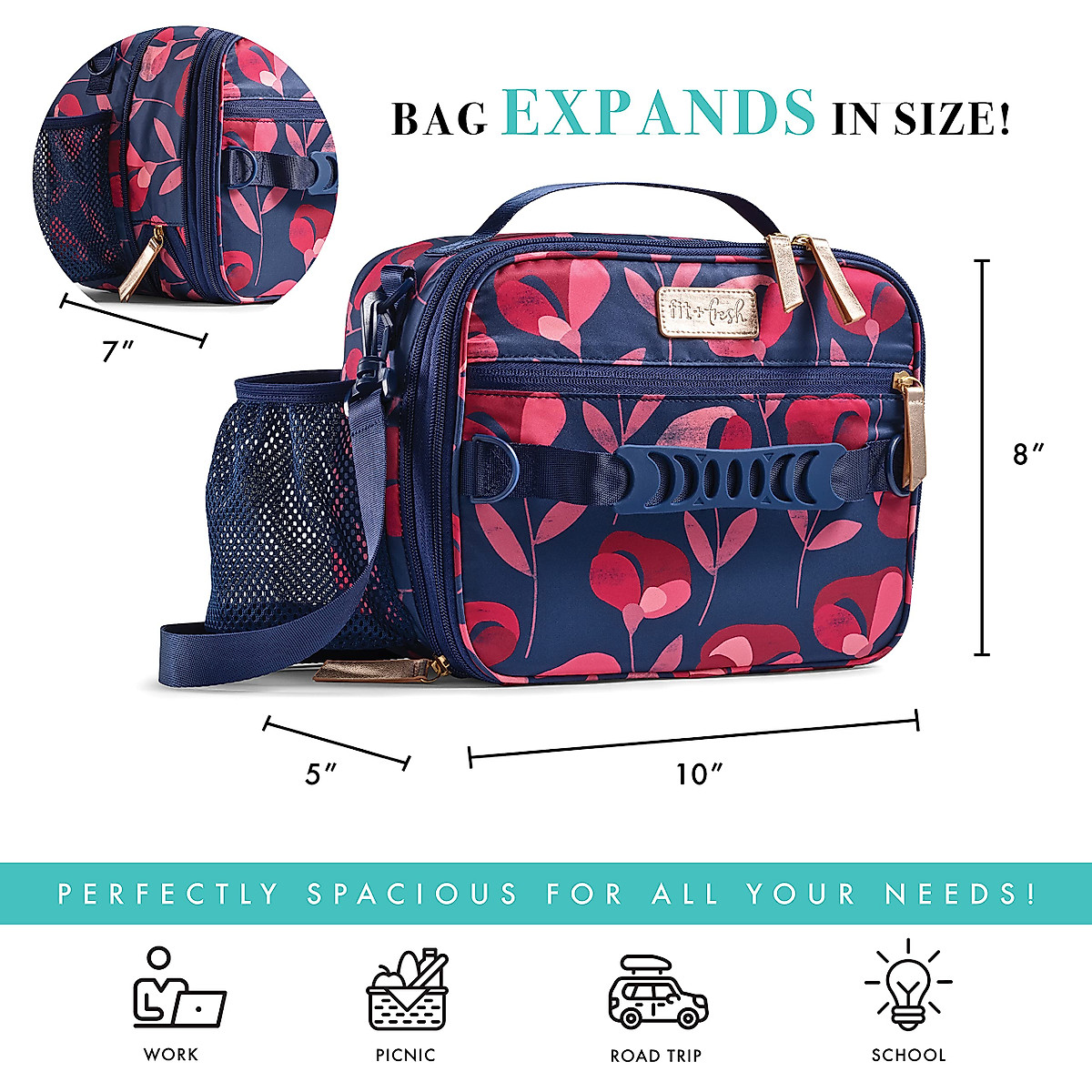 Fit & Fresh Josie Adult Insulated Lunch Bag with Side Pouch & Carry Strap, Complete Lunch Kit Includes Reusable XL Ice Pack, Plum Camo