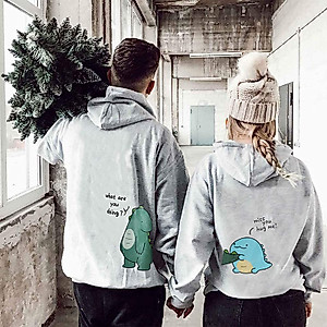 QNIHDRIZ Graphic Sweatshirts Matching Couple Sweatshirt Custom Cute Dinosaur Couple Hoodie for Boyfriend Birthdays Gift Grey