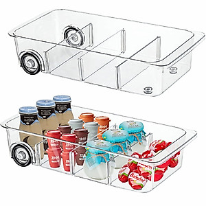 MineSign 2Pack Roll Out Fridge Caddy Bins Pull Out Drawer with Wheels Refrigerator Organizer Bins with Handles Divided Fruit Caddy for Fridge Pantry Cabinet Storage Cans Drinks