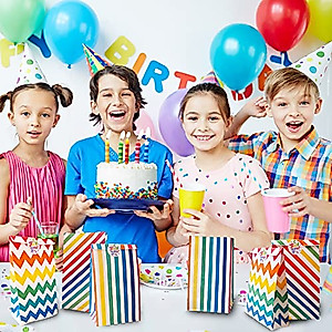30 Pack Rainbow Party Favor Bags, Goodie Bags for Kids with Stickers, Vivid Stripes Chevron Paper Treat Bags, Food Safe, Biodegradable for Party Supplies, School Lunches, Baby Shower, Birthday Parties (3 Designs)