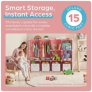 CUBEDIY Baby Closet Organizer for Nursery: Durable Baby Wardrobe for Closet - Customizable Baby Armoire - Baby Dresser Closet Shelves - Waterproof Shelf Clothes Organizer w/Wall Fixation (Pink)