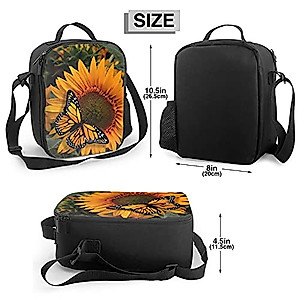 YIEDYLPO Sunflower Lunch Bag Insulated Butterfly Portable Box Reusable Cooler Organizer with Adjustable Shoulder Strap for Work School Picnic Travel