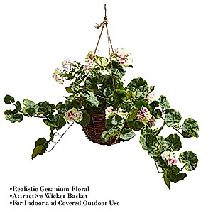 Pure Garden Faux Flowers - Light Pink Geranium Hanging Natural and Lifelike Floral Arrangement with Basket for Home or Office