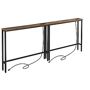 ELYKEN 2 Pack 5.9" Narrow Console Sofa Table with Power Outlets, 5.9" Dx39.4 Wx31.1 H Long Couch Table with Metal Frame and Charge Station with 6.5’ Extension Cord, Rustic Brown