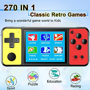 Great Boy Handheld Game Console for Kids Aldults Preloaded 270 Classic Retro Games with 3.0'' Color Display and Gamepad Rechargeable Arcade Gaming Player (Black Yellow)