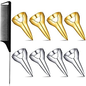 9 Pieces Metal Hair Parting Rings and pinky Selecting Tools Retro Nail Finger with Steel Comb Pointed Styling Combs for Hair stitch Braiding Curling Extension Halloween Cosplay(Gold, Silver)