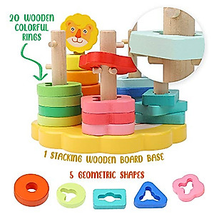 Boxiki kids 27 PCS Montessori Toys for 1 to 3 Year Old Boys Girls Toddlers, Wooden Shape Sorter & Stacking Toys, Color Recognition Stacker, Baby Puzzles Gift
