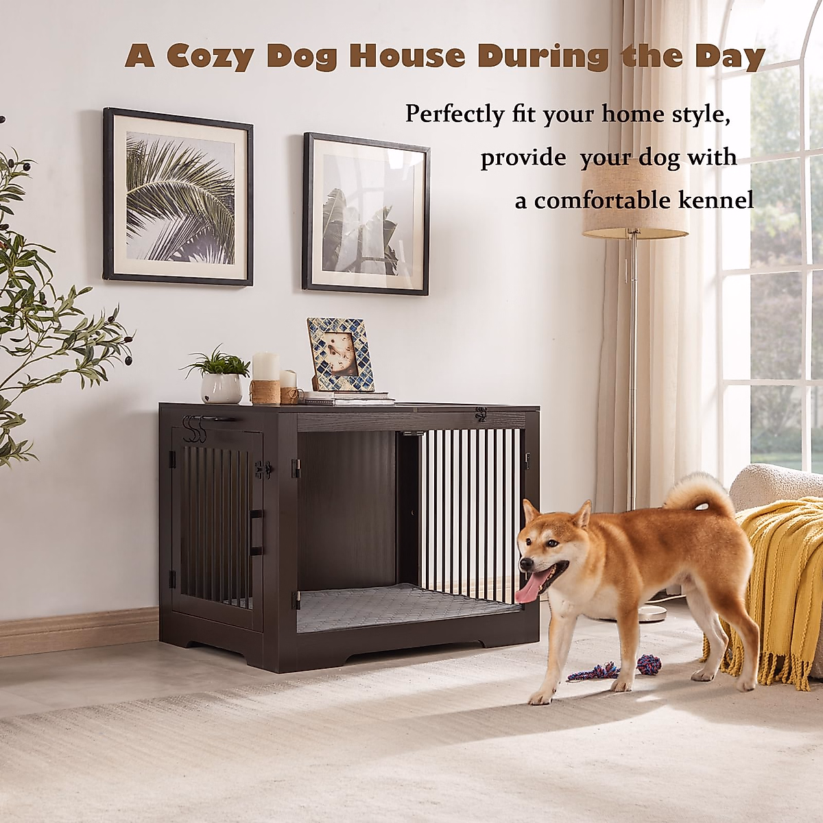 Lovitgo 37 Inch Dog Crate Furniture for Medium Small Dog, Wooden Heavy Duty Dog Kennel with Three Doors,Wooden Cage Kennel Furniture Indoor, Espresso