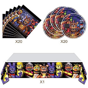 41pcs Birthday Party Supplies For Five Nights at Freddy's, 20Plates + 20 Napkin + 1Tablecloth，Party Decorate Supplies For Five Nights at Freddy's