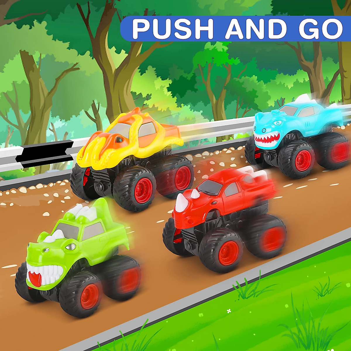 Aoskie Toddler Toys for 1 2 3 Year Old Boys Grils, Dinosaur Truck Toys for Kids with 4 Pull Back Dino Car, Christmas Party Birthday Gift