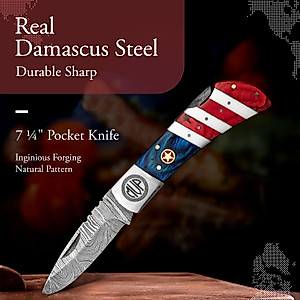 Morf Steelware Customized American Flag Damascus Pocket Knife, USA Patriotic Damascus Folding Knife Survival Pocket Knife for Men, Handmade Camping & Hunting Knife With Sheath