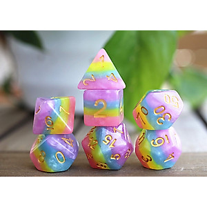 Polyhedral DND Dice Set Pearl Rainbow Dice for Dungeons and Dragons, Pathfinder, D&D, RPG, MTG,7-Die Set Role Playing Games Dice 4 Colors Resin Dice